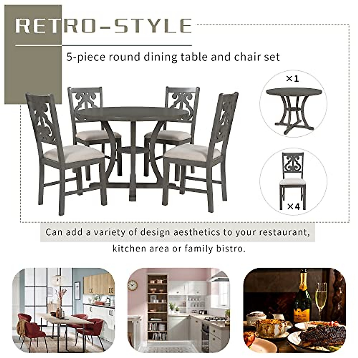 RITSU 42" 5 Piece Chairs Set, Hollow Back, Round Table top, no Sharp Corners, Protect The Elderly and Children, Suitable for Dining, Living Room, Kitchen, Gray, Brown