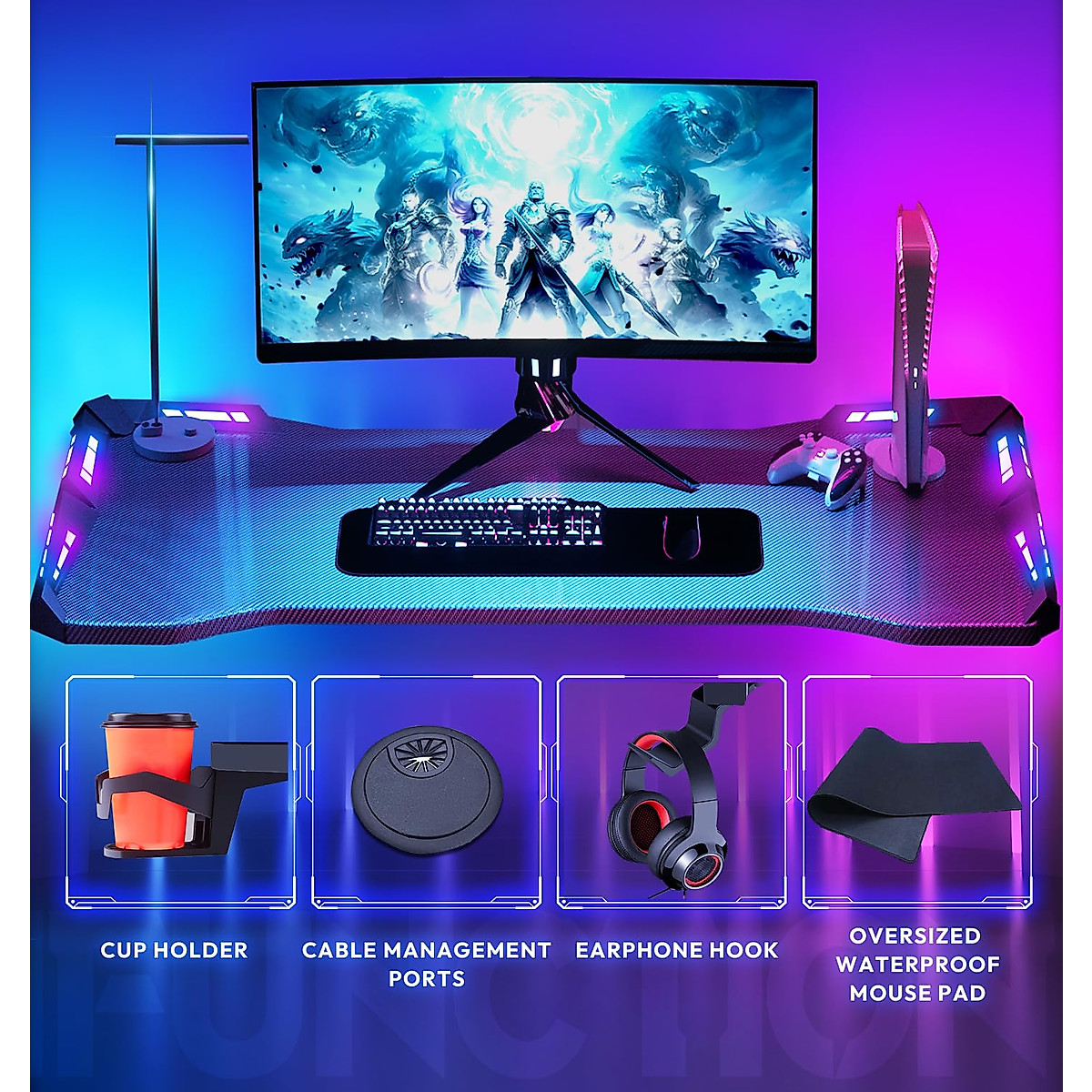 Dowinx Gaming Desk with LED Lights, RGB Gaming Computer Table with Carbon Fibre Surface, LED Home Office Desk with Remote Control, Pc Workstation with Cup Holder and Headphone Hook, Black