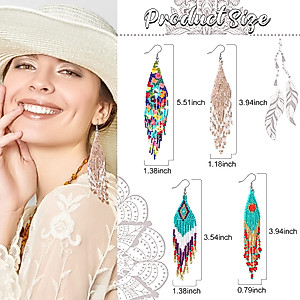 Tuanse 4 Pairs Long Beaded Tassel Earrings Bohemia Colorful Handmade Beaded Earrings Seed Bead Statement Fringe Drop Dangle Earrings Boho Jewelry for Women Gifts, 4 Styles