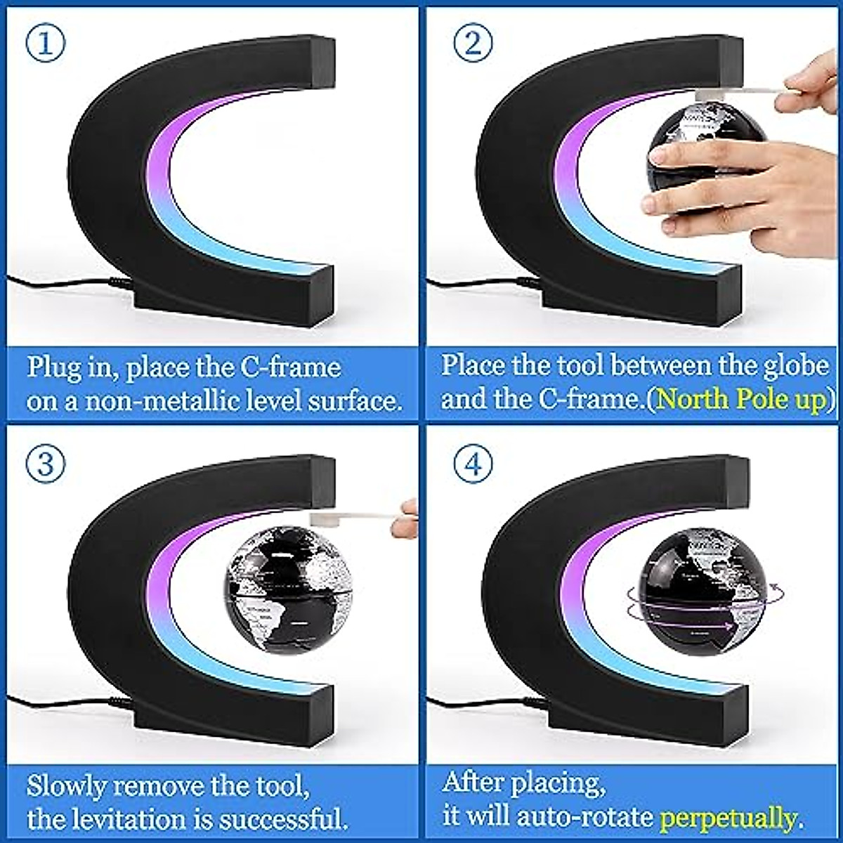 JOWHOL Magnetic Floating Globe with LED Lights, Perpetual Auto-Rotating, 3.3 inch Levitating Globe, Gift for Men Father Boys & Girls, Desk Tech Gadget Decor for Office/Home (Black)