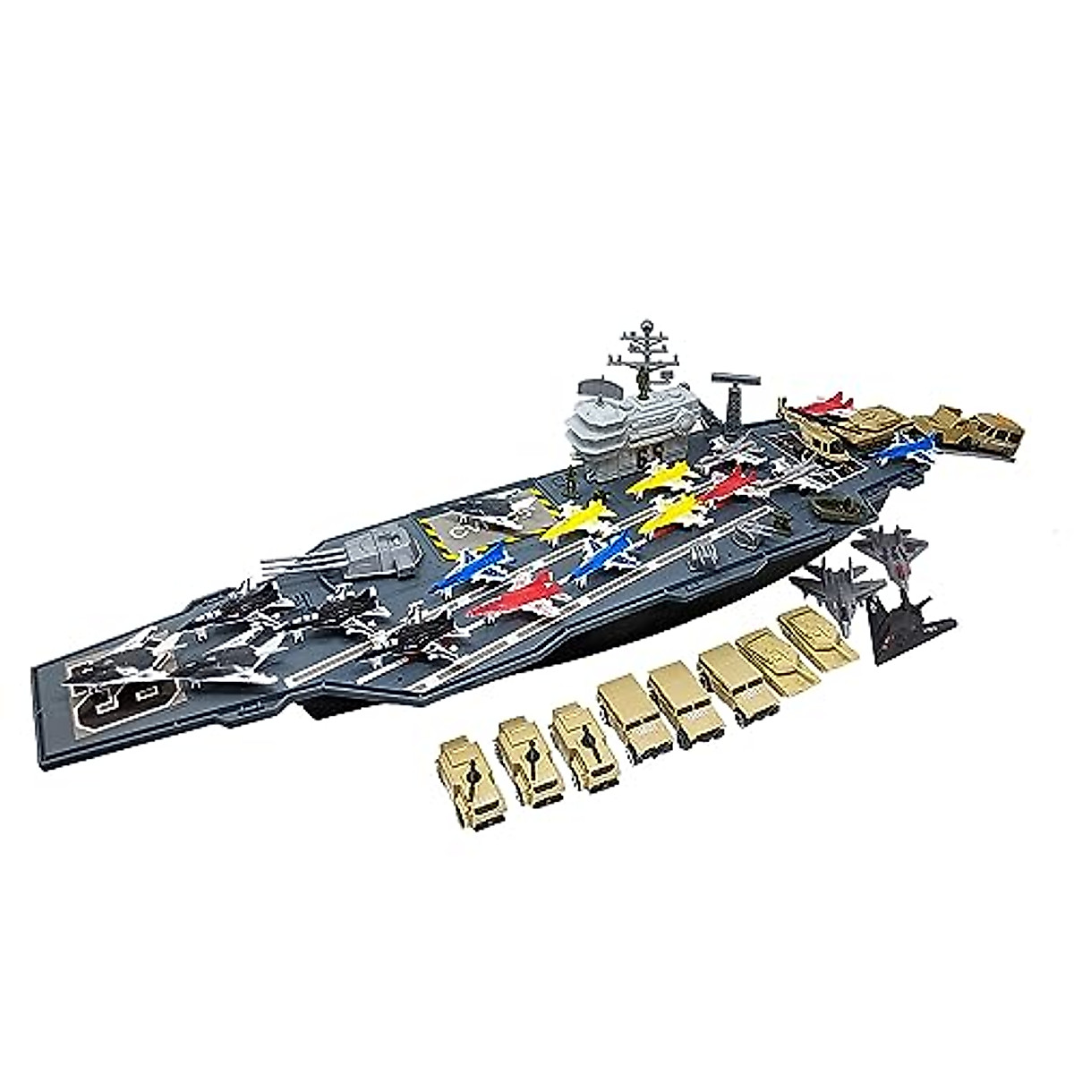 Toy Aircraft Carrier Army Men with Cargo Plane 18 Warplane Fighter Jets and 6 Extra Military Vehicles