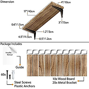 Wallniture Arras Wood Floating Shelves for Wall Storage, 17"x4.5" Small Bookshelf Set of 10, Hanging Book Shelves for Living Room, Bedroom, Office, Burned Finish Display Shelves