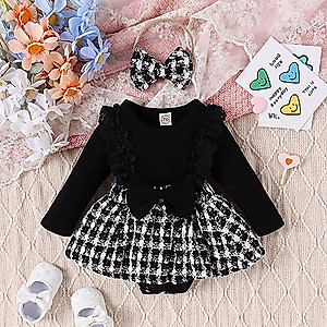 Mubineo Baby Girl Spring Fall Clothes Outfits Long Sleeve Lace Floral Romper Dress Newborn Outfit (Qbc Black White, 3-6 Months)