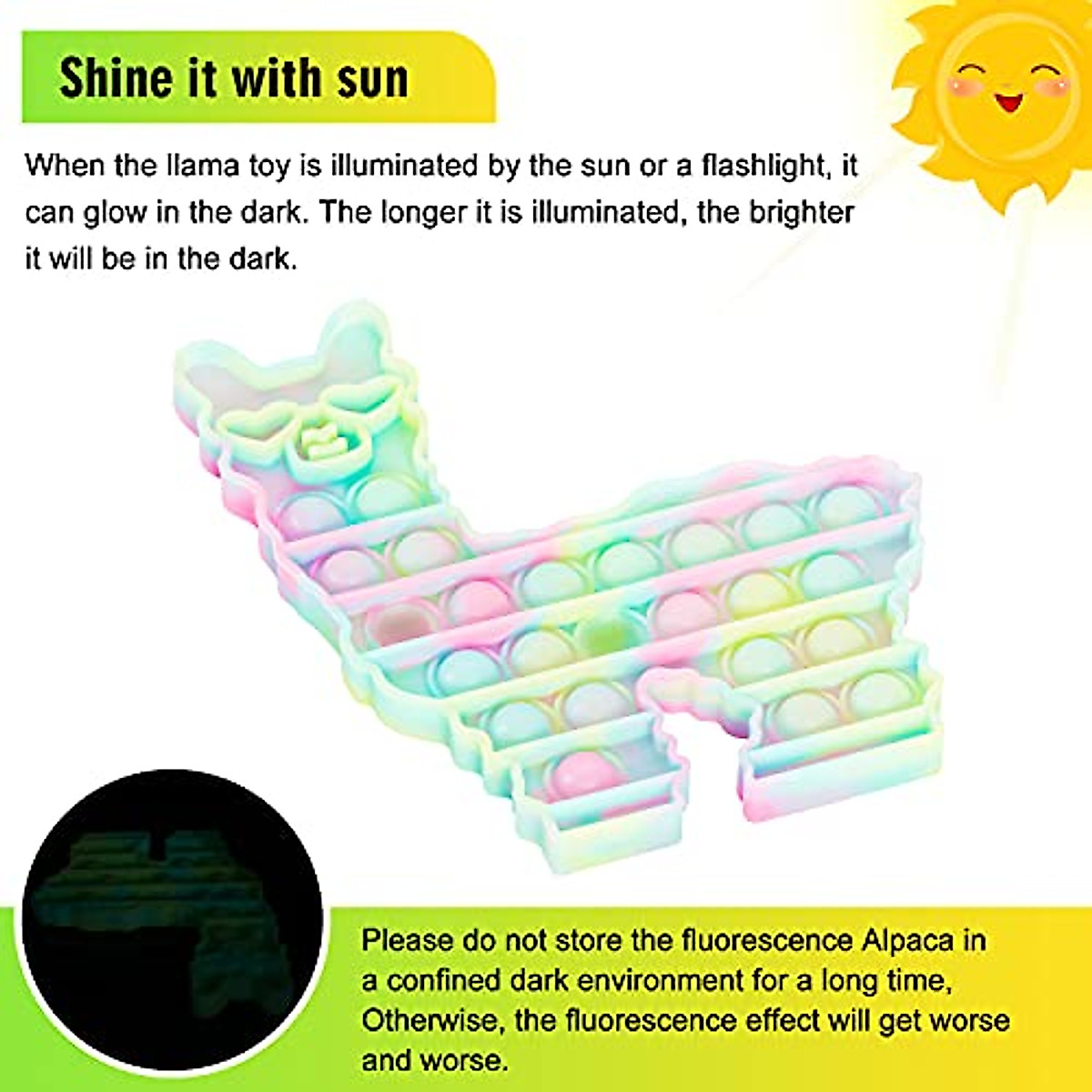 WHATOOK Glow in The Dark Fidget Pop Toys Llama its: 2 Pack Pop Silicone Fluorescent Fidget Bubble Popper Sensory Alpaca Toys, Luminous Anxiety Stress Relief Glowing Toys for Adults and Kids