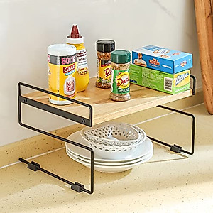 LINOVINO Cabinet Shelf Organizers, Kitchen Counter Organizer Rack Under Shelves Riser, Pantry Cupboard Storage Organization with Metal and Wood Combined, Black and Natural