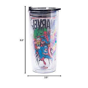 Silver Buffalo Retro Marvel Comics Avengers Double Wall Travel Tumbler with Slide Close Lid Spider-Man, Captain America, Thor, Hulk, and Iron Man, 20 Ounces