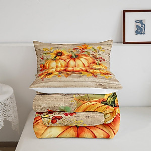 Happy Thanksgiving Fall Harvest Comforter Set Farm Leaves With Pumpkin Quilt Queen, Rustic Barn Door Bedding Set Autumn Maple Farmhouse Duvet Insert For Kids Boys Girls Teens Adult, Brown Gold