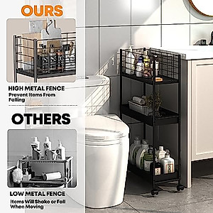 FANSPRO Slim Storage Cart, 3 Tier Metal Utility Cart with Wheels, Mobile Rolling Kitchen Cart Slide Out Narrow Storage Cart for Laundry Room Bathroom Small Spaces, Black