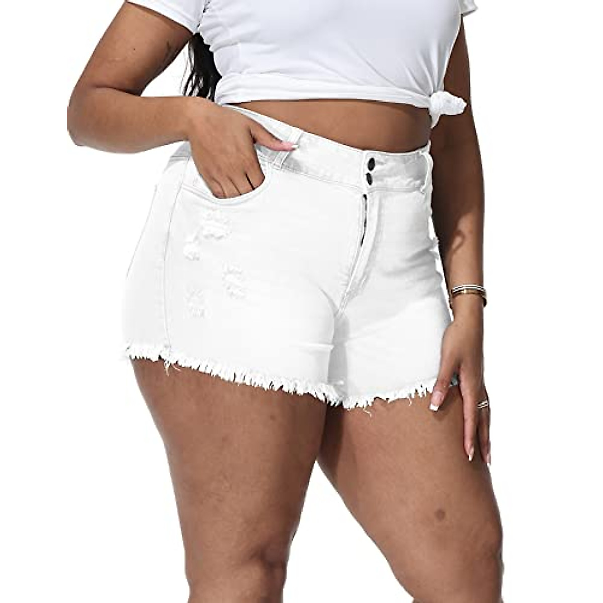 ALLEGRACE Sexy Plus Size Denim Shorts Women Distressed High Waist Shorts with Pockets 759 White 14W
