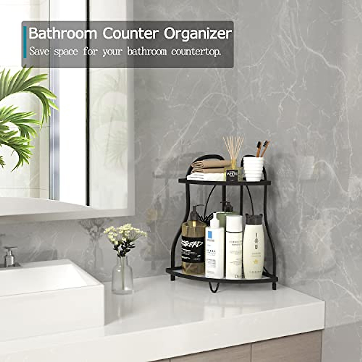 Tamomic 2 Tier Corner Bathroom Sink Organizer Countertop Shelves,Vanity Organizer Trays Shelf Storage with Decor Butterfly,Black