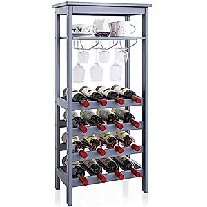 SMIBUY Wine Rack with Glass Holder & Table Top, 16 Bottles Storage, Floor Free Standing Bamboo Display Shelves for Home, Kitchen, Pantry, Cellar, Bar (Grey)