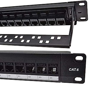 Detroit Packing Co. 24 Port CAT6 RJ45 Through Coupler Patch Panel with Back Bar, Wallmount or Rackmount, Compatible with Cat5, Cat5e, Cat6, Cat6A, UTP STP Cabling (CAT6 UnShielded, 24-Port)