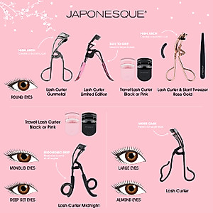 JAPONESQUE Midnight Lash Curler with Natural Arch for Sweeping Volume on Natural or False Lashes, Holds Curl for up to 8 Hours, Includes 1 Refill Pad