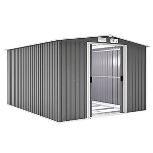 EMKK 10x8 FT Outdoor Storage Shed, Galvanized Steel Metal Garden Shed with Double Sliding Lockable Door, Floor Frame, Vents, Waterproof Tool Shed for Backyard, Lawn, Patio, Teak
