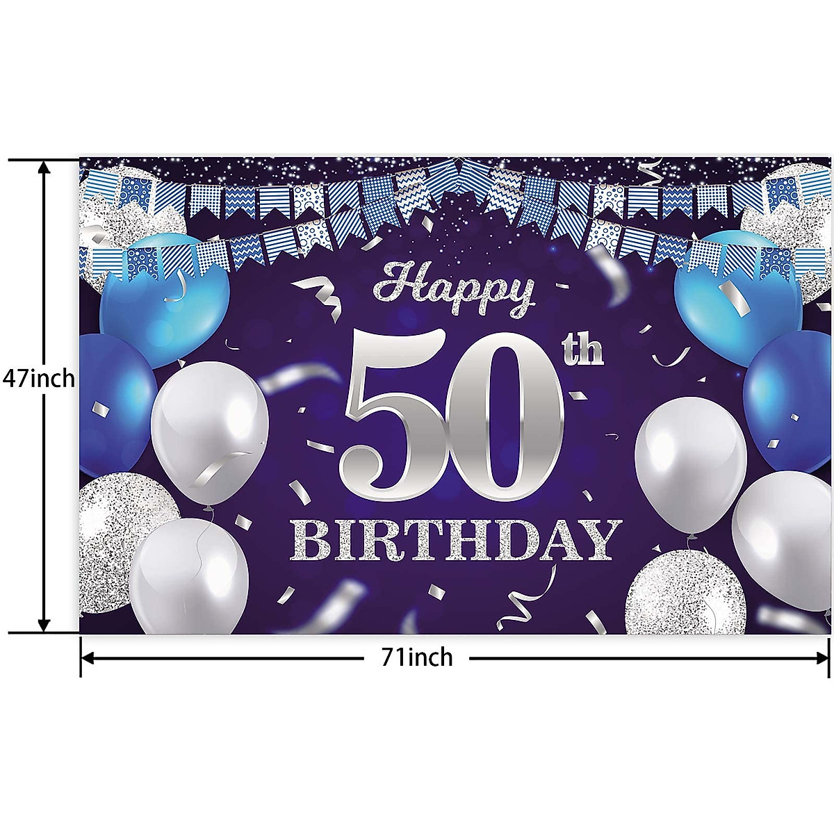 Happy 50th Birthday Banner Backdrop Navy Blue Balloons Confetti Stripe Flag Light Spots Cheers to 50 Years Old Theme Decorations Decor for Women Men 50th Birthday Party Bday Supplies Glitter Silver