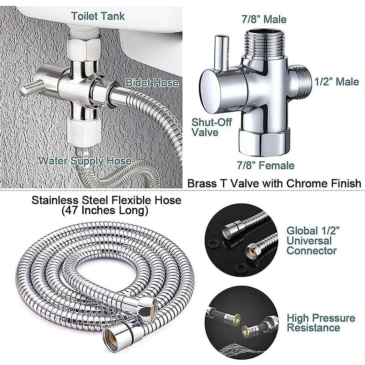 Stainless Steel Bidet Sprayer for Toilet, Handheld Cloth Diaper Sprayer, Bathroom Jet Sprayer Kit Spray Attachment with Explosion-Proof Hose, Great Water Pressure for Bathing Pets, Feminine Hygiene