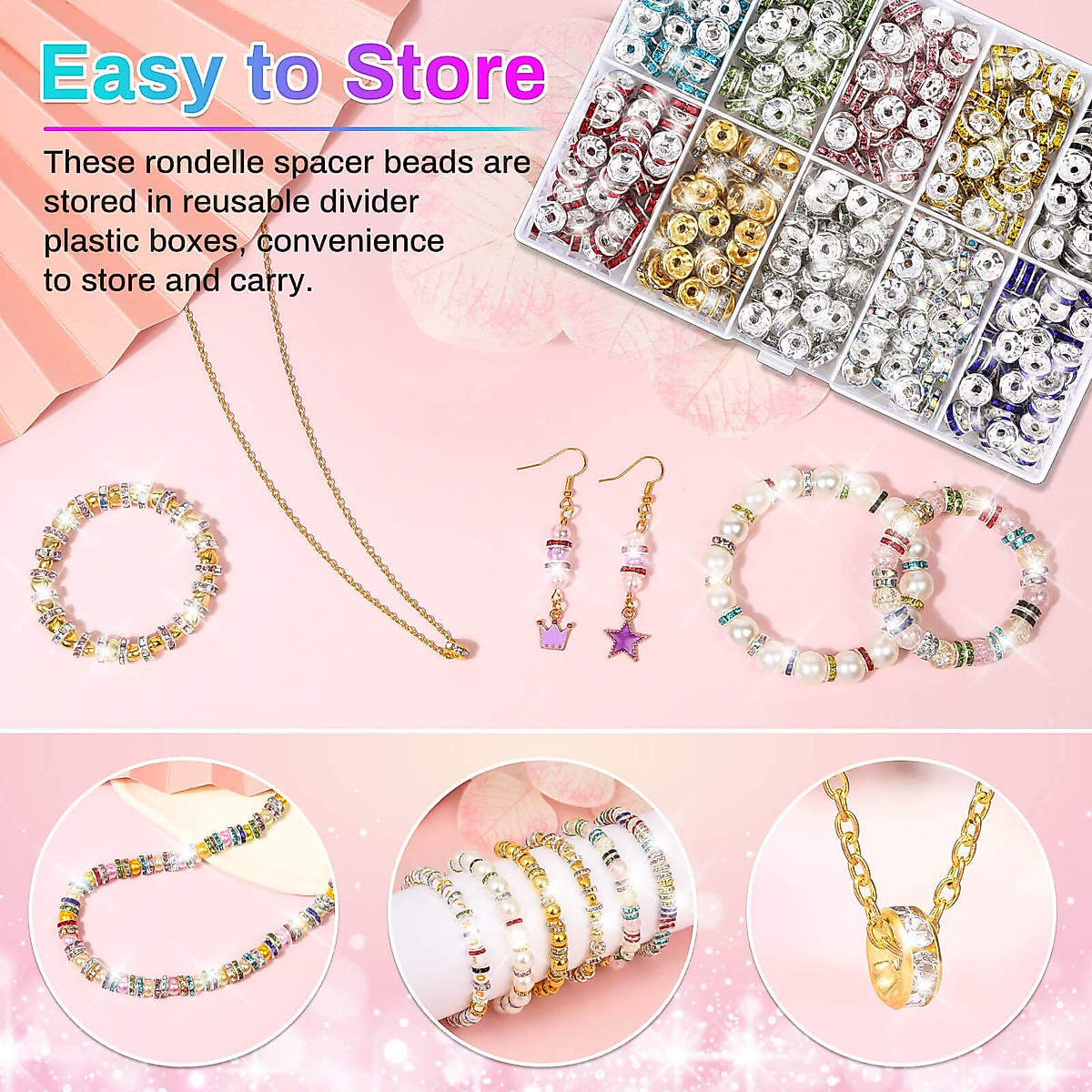 Rondelle Spacer Beads for Jewelry Making, 600 Pieces Rhinestone Spacer Beads Crystal Bead Spacers for Jewelry Making, Bracelets (10 Colors)