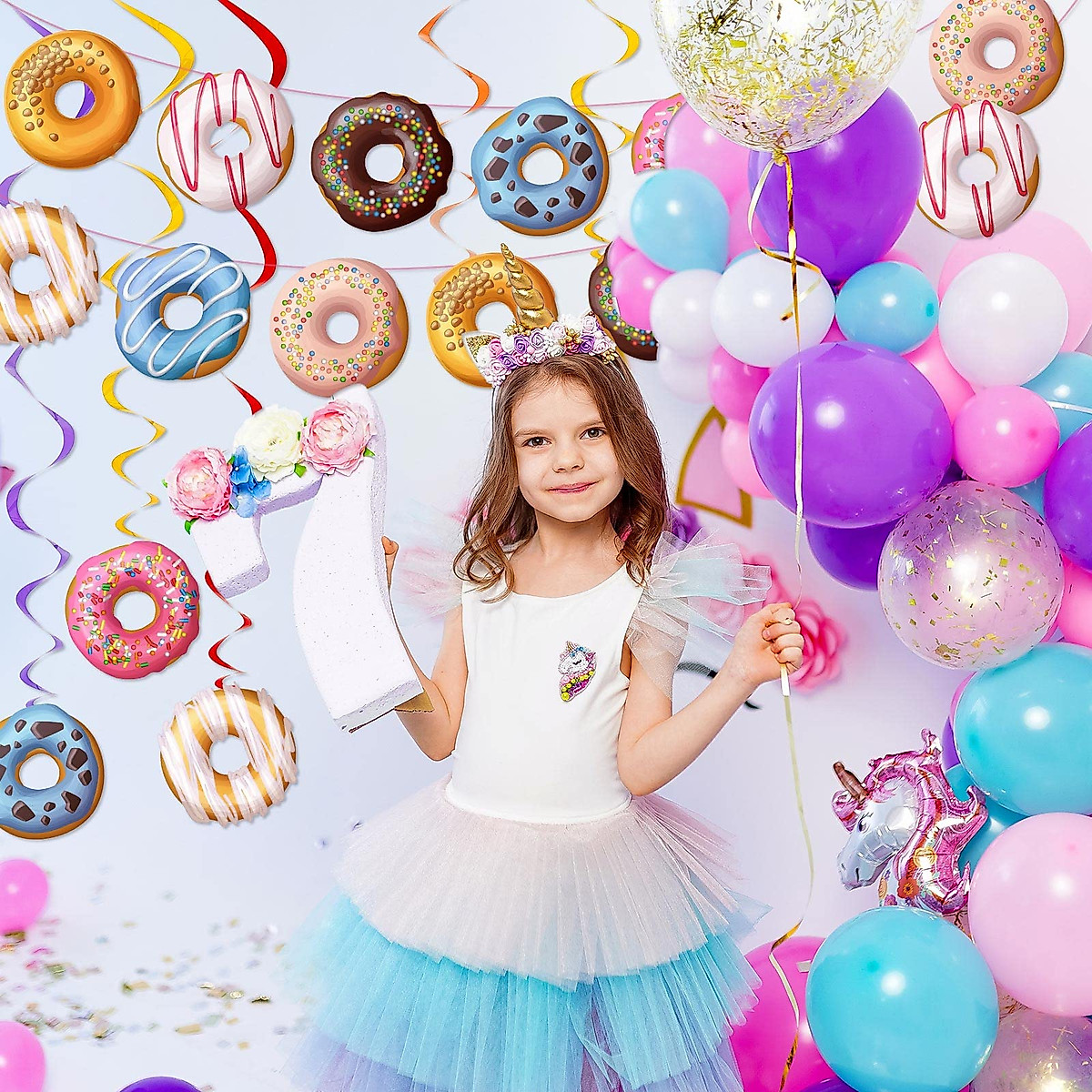 34 Pcs Donut Party Decorations Include 2 Pcs Donut Garland Banner and 32 Pcs Donut Hanging Swirl Party Supplies for Birthday Baby Shower Grow Up Party Favors