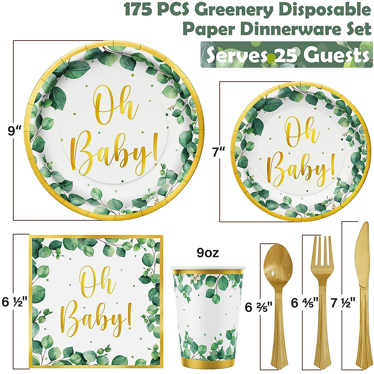 Ecomore Sage Greenery Baby Shower Party Supplies - 175 PCS Boho Neutral Disposable Dinnerware Set (25 Guest) with OH Baby Paper Plates Napkins Cup Plastic Fork Knives Spoon for Boy Girl Birthday Party