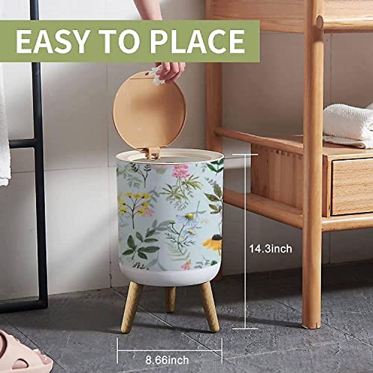 Small Trash Can with Lid Summer floral seamless with wild flowers on pastel blue Watercolor Garbage Bin Wood Waste Bin Press Cover Round Wastebasket for Bathroom Bedroom Diaper Office Kitchen