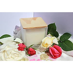Natural Soy Wax Scented Candles - Lavender Vanilla Scented Candle & Amber Sandalwood with Wooden Wick in a Frosted Glass Square Jar with Bamboo Lid by September 98