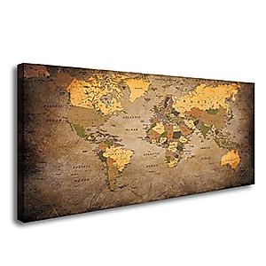 Baisuwallart- 1 Piece Vintage World Map Canvas Wall Art- Ready to Hang - Home Office Decor Picture Prints for Living Room Bedroom Abstract Painting Artwork 20x40inches x1pcs