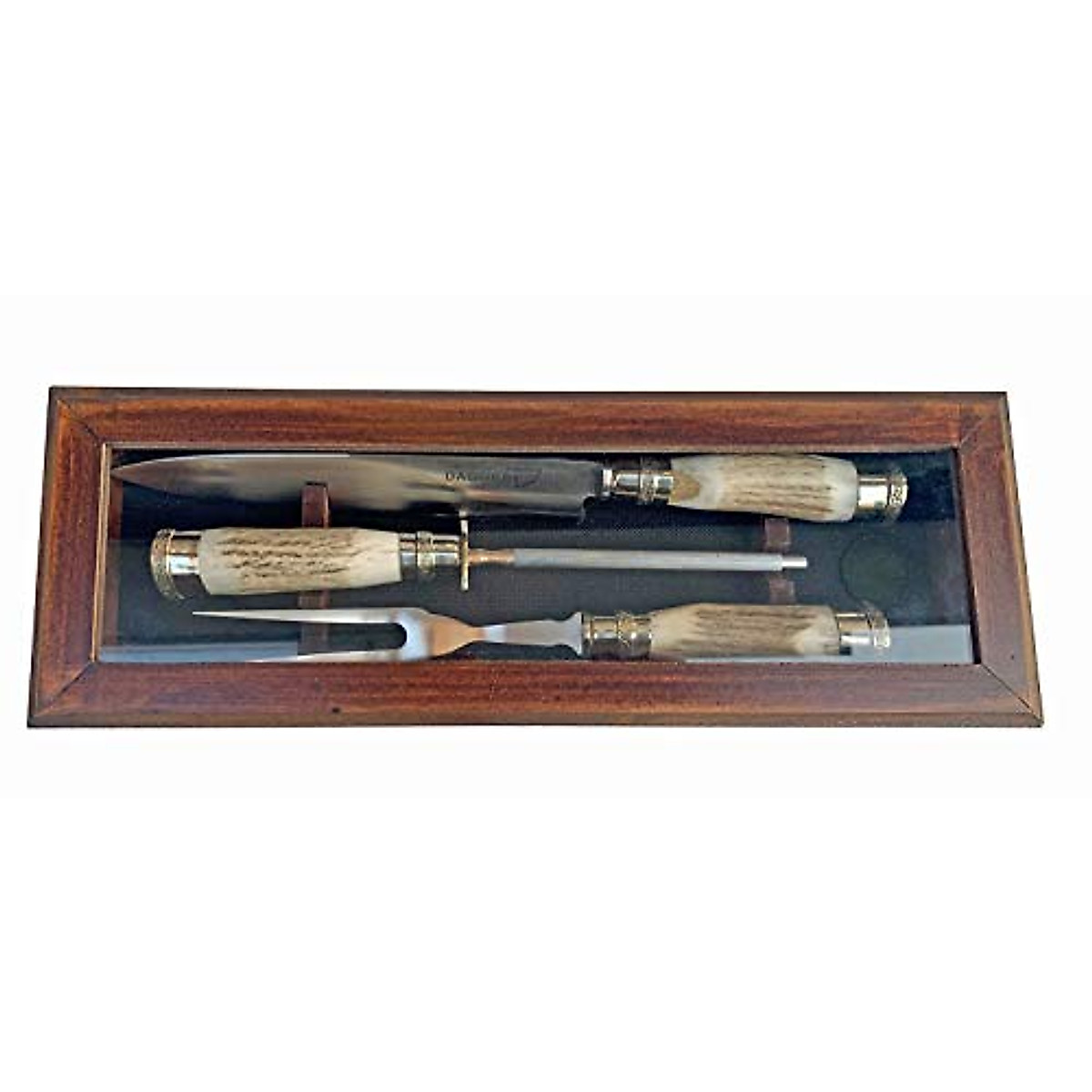 Carving set with deer handle and double nickel silver and steel ferrule in a wooden box with a glass lid