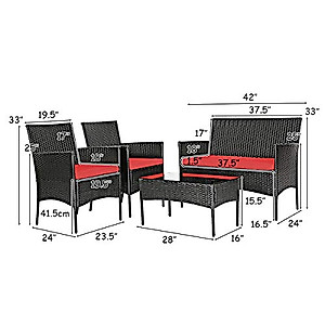 Tangkula 4 Piece Patio Furniture Set, Outdoor Wicker Conversation Set with Tempered Glass Coffee Table, Rattan Loveseat & Chairs Set with Seat Cushions for Backyard, Garden, Poolside (1, Red)