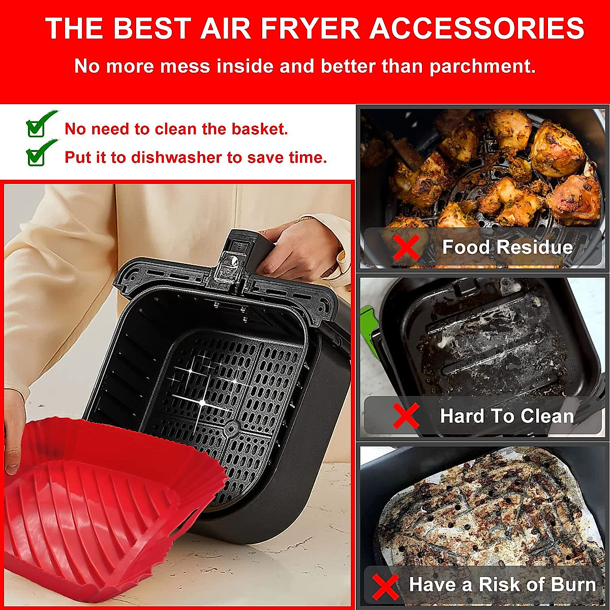 QURAR 2 Pack Air Fryer Silicone Liners | Top 8in, Bottom 7in | Silicone Liners Pot for 4 to 7 QT, Reusable Square Food Safe Silicone Basket Replacement of Flammable Parchment Paper, (Red & Pink)