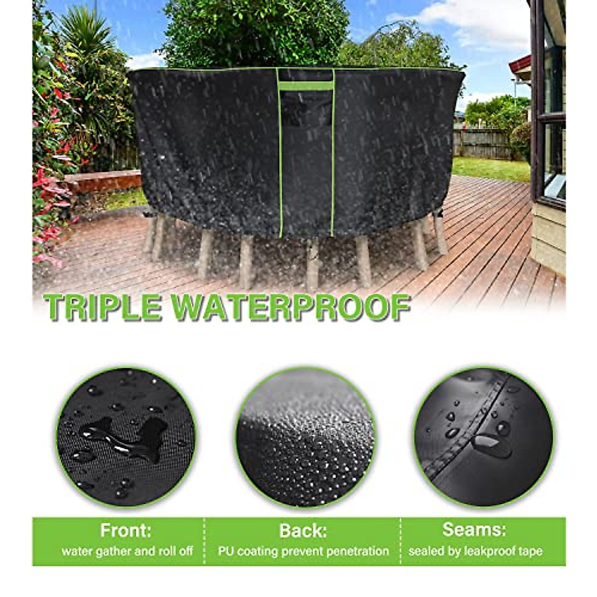 Round Outdoor Table Cover, 600D Heavy Duty Patio Furniture Covers, All Weather Resistant Patio Table & Chair Set Cover, Waterproof Patio Cover for Outdoor Furniture, 110" Dia x 28" H, Black