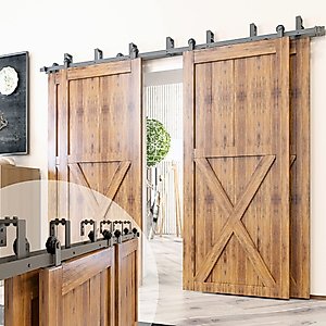 Homacer Black Rustic Double Track U-Shape Bypass Sliding Barn Door Hardware Kit, for Four Doors, 12ft Long Flat Track, T-Shape Design Roller