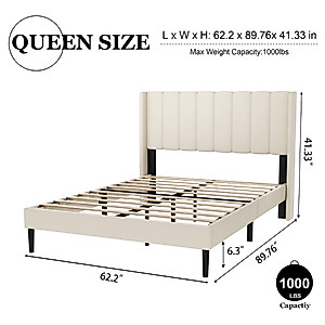 HAOARA Queen Size Velvet Bed Frame with Vertical Chanel Tufted Headboard and Wingback, Upholstered Platform Bed, Strong Wooden Slats, No Box Spring Needed, Beige