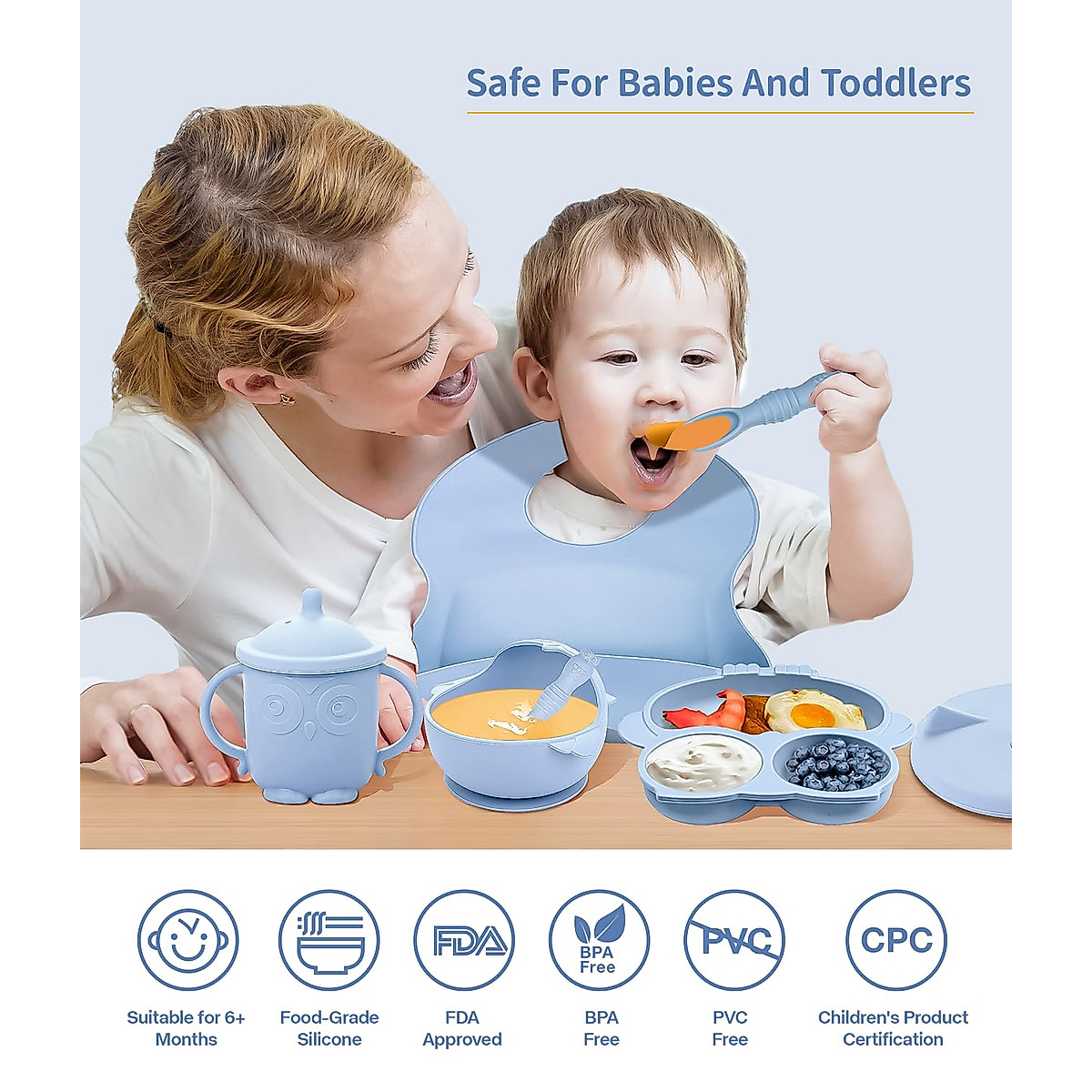 10Pcs Silicone Baby Feeding Set - Baby Led Weaning Supplies-Toddler Utensils with Baby Plates and Bowls with Suction, Bibs, Straw Cup,Baby Spoons Forks,- Ideal for Baby Self Feeding 6+ Months