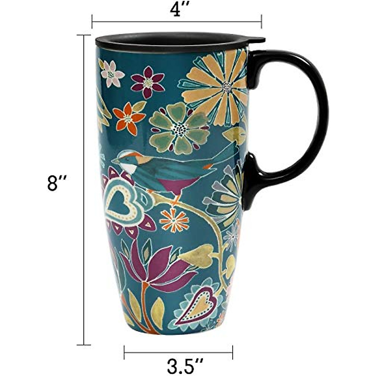 Topadorn Coffee Ceramic Mug Porcelain Latte Tea Cup With Lid 17oz. Floral Symphony, Green Bird