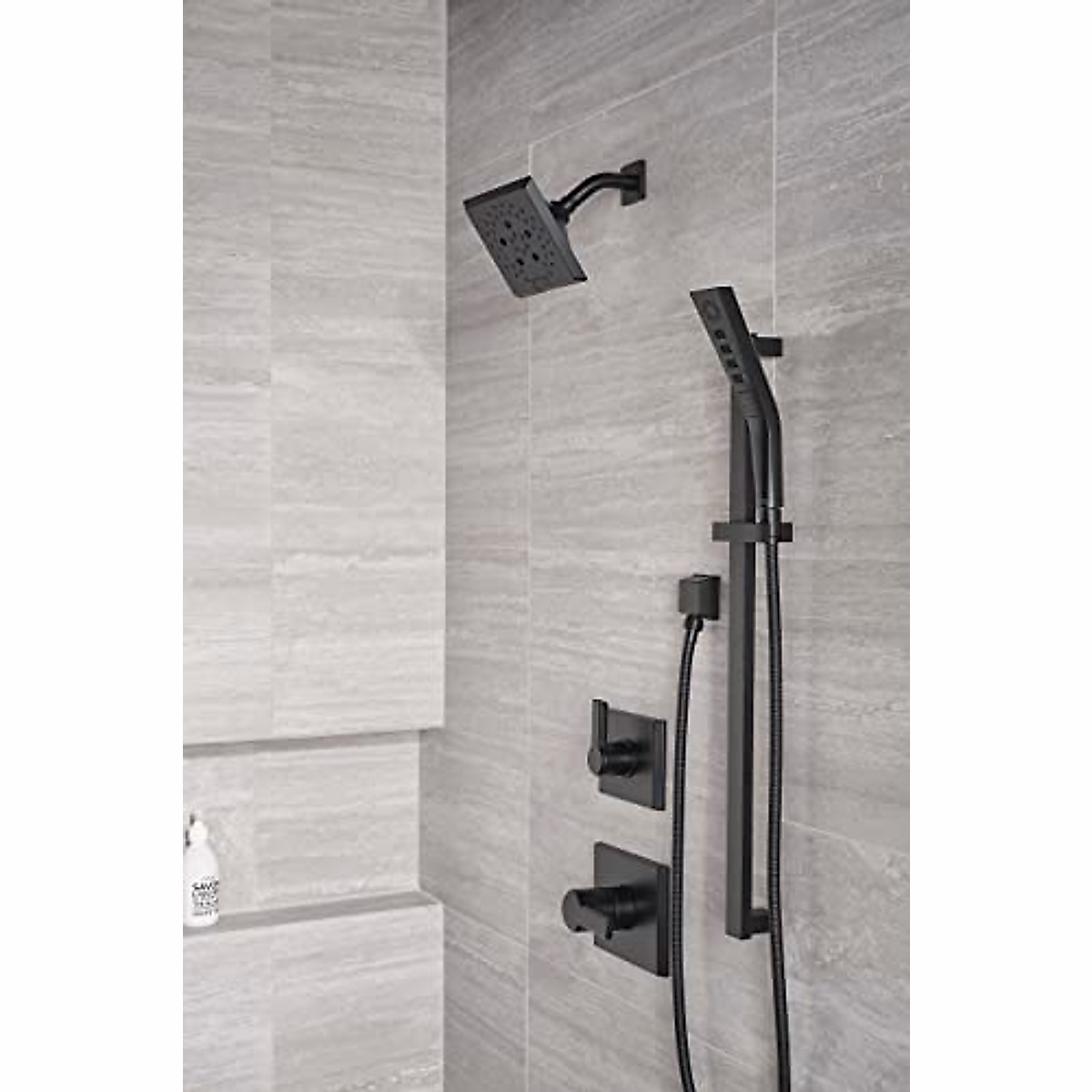 Delta Faucet Pivotal 3-Setting Matte Black Shower System Including Black Shower Head, Slide Bar Handheld Shower, Shower Handle, Shower Diverter and Shower Valve Kit, Delta Shower Trim Kit, Matte Black
