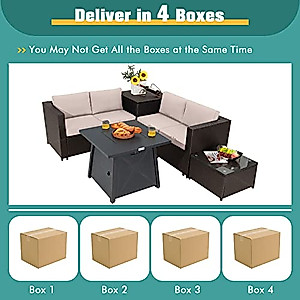 Tangkula 5 Piece Patio Furniture Set with 50,000 BTU Propane Fire Pit Table, Outdoor Wicker Conversation Set w/Cushions, Storage Box and Tempered Glass Coffee Table, 30” Gas Fire Pit Table (Beige)