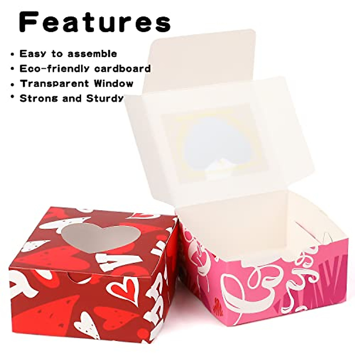 VEYLIN 24PCS Valentine Boxes for Treats, 4”x4”x2.4” Valentines Day Cookie Boxes Cupcake Bakery Boxes with Windows Heart Boxes for Strawberries 6 Designs