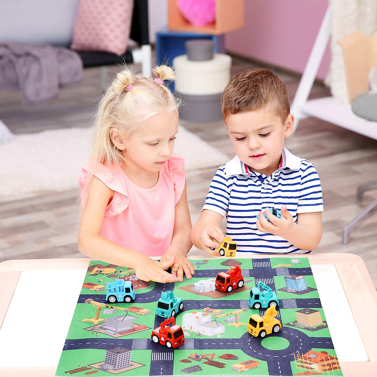 8 Pack Mini Cars Toys for Toddlers, 2,3 Years Old Boys with Play Mat, Friction Powered Construction Truck Toys for 2 Year Old Boys Play Set