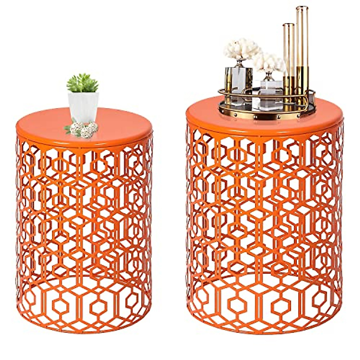 Homebeez Metal Accent Table, Set of 2 Decorative Round End Tables Nightstands, Coffee Side Tables for Indoor Outdoor and More (Orange Red)