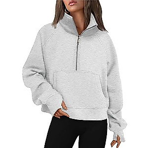 AUTOMET Womens Cropped Sweatshirts Quarter Zip Pullover Half Zipper Oversized Hoodies 2023 Fall Fashion Outfits Clothes Thumb Hole Grey