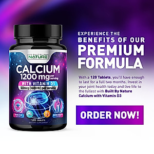 Calcium 1200mg with Vitamin D3 for Best Absorption - Advanced Bone Support Supplement, 1200 mg Calcium Carbonate & 1600 IU Vitamin D3, Slow Release for Immune Support, Easy to Swallow, 120 Tablets