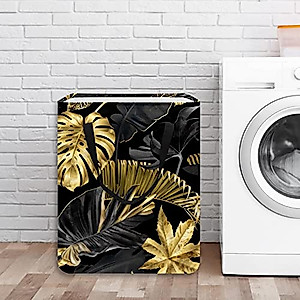 Glod Color Leave Print Collapsible Laundry Hamper, 60L Waterproof Laundry Baskets Washing Bin Clothes Toys Storage for Dorm Bathroom Bedroom