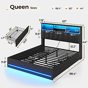 VIAGDO Queen Bed Frame with Bookcase Headboard, Wood Bed Frame Queen Size with Charging Station, 4 Storage Drawers and LED Lights, Upholstered Bed with Type-C and USB, No Box Spring Needed, Black