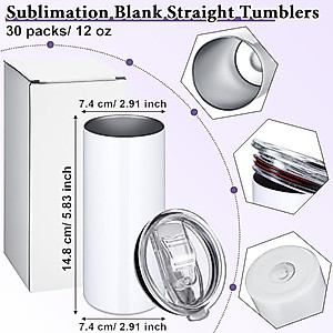 Potchen 30 Pack Sublimation Tumblers Bulk Blanks Straight Skinny Tumblers with Lids Sublimation Cups Stainless Steel Double Wall Vacuum Insulated Mugs DIY Gift Heat Press Machine(12 Oz)