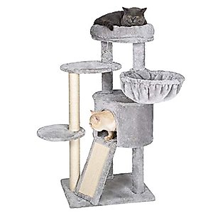 Hey-brother Cat Tree with Scratching Board, Cat Tower with Padded Plush Perch and Cozy Basket, Multi-Platform for Jump, Light Gray MPJ005W