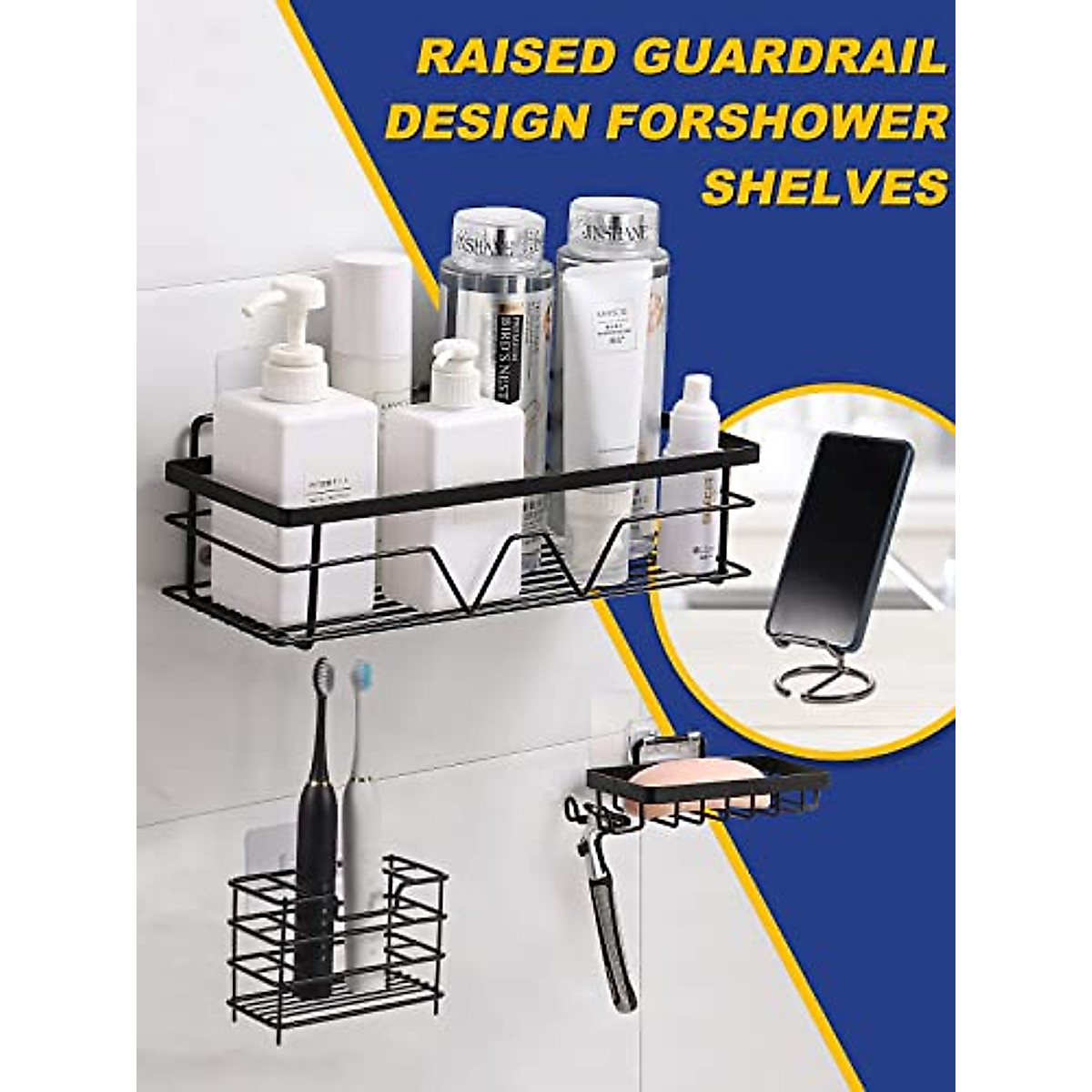 GOJUSO 6-Packs Bathroom Shower Shelves 2 Size Caddy Hair Dryer Holder Wall Mounted Toothbrush Holder Phone Stand for Desk No Drilling Hanging Wall Mount Bathroom Accessories