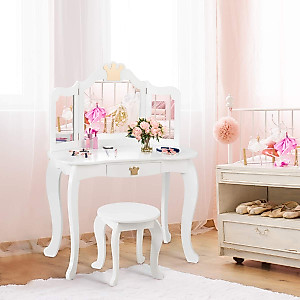KOTEK Kids Vanity Set w/Tri-Folding Mirror, Princess Makeup Dressing Table w/Detachable Top & Drawer, 2-in-1 Vanity Table and Chair Set, Crown Pretend Beauty Play Vanity for Girls (White)