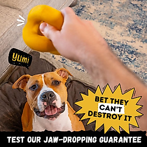 WoofBite Indestructible Ring Ball - Lifetime Replacement - for Aggressive Chewers, Medium Large Breed - Non-Toxic Natural Rubber Dog Toys - Butter Scent, Yellow (Highly Visible Color for Dogs) - 4.5”