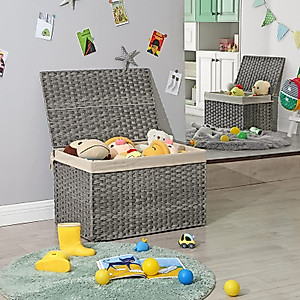 SONGMICS Storage Basket with Lid, Rattan-Style Storage Trunk with Cotton Liner and Handles, for Bedroom Closet Laundry Room, 29.9 x 17.1 x 18.1 Inches, Gray URST76WG