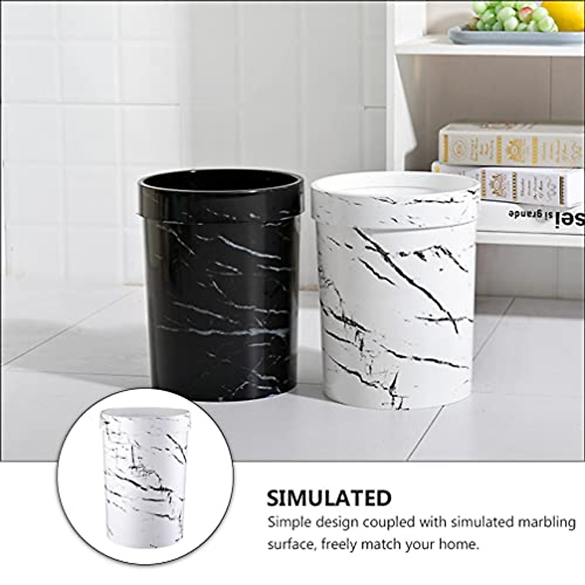 DOITOOL Plastic Trash Can Round Marble Print Rubbish Bin Kitchen Waste Basket Decorative Garbage Storage Container for Home Office Bathroom Bedroom Living Room